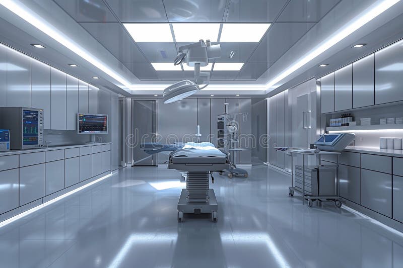 High Tech Operating Room with a Surgical Table and Medical Instruments ...