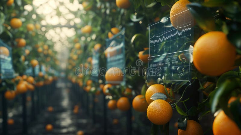 High-tech Orange Orchard with Digital Data Overlays. Stock Illustration ...