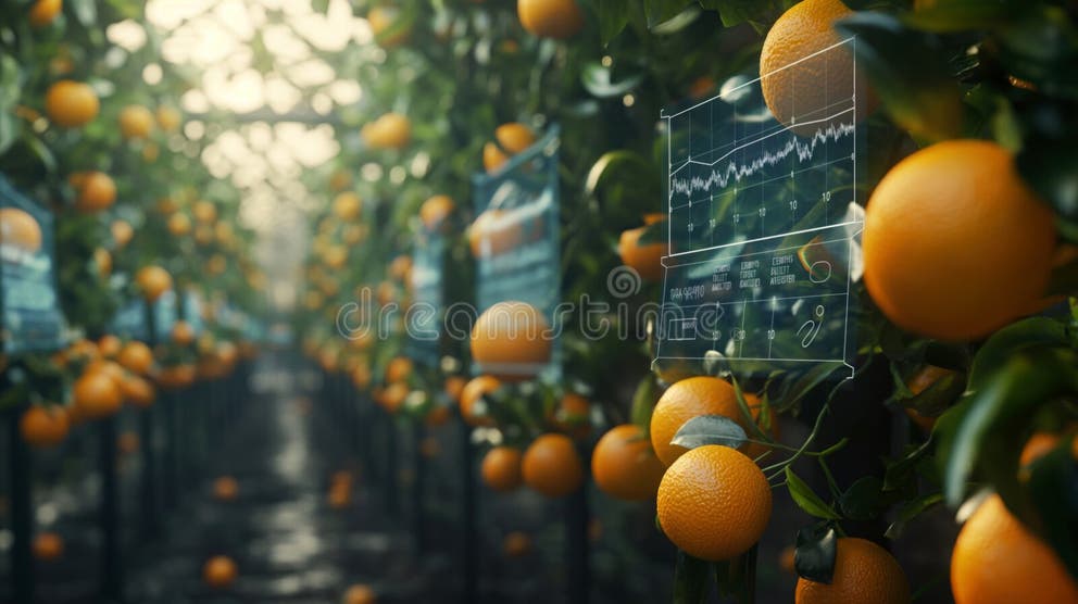 High-tech Orange Orchard with Digital Data Overlays. Stock Illustration ...