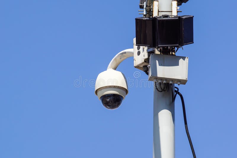 High Tech Overhead Security Camera with a Gradient Blue Sky. Stock ...