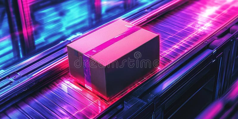 High-tech Package Moving on an Illuminated Conveyor in a Warehouse ...
