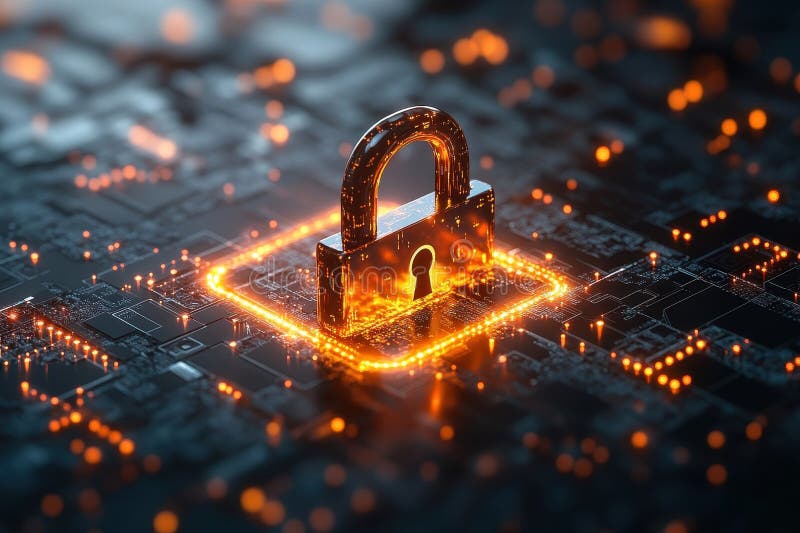 High-Tech Padlock on Encrypted Digital Network with Glowing Sparks ...