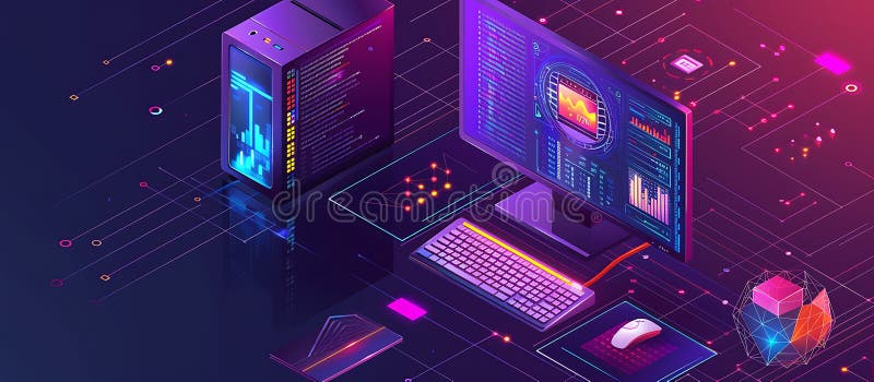 High-tech PC with Interactive Business Data Graphs, Isometric View ...