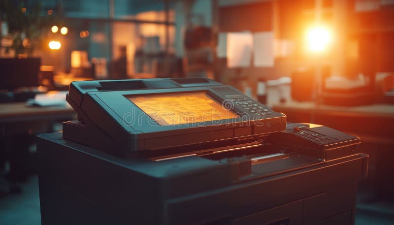 A High-tech Printer Scanning Documents in a Modern Office during Sunset ...