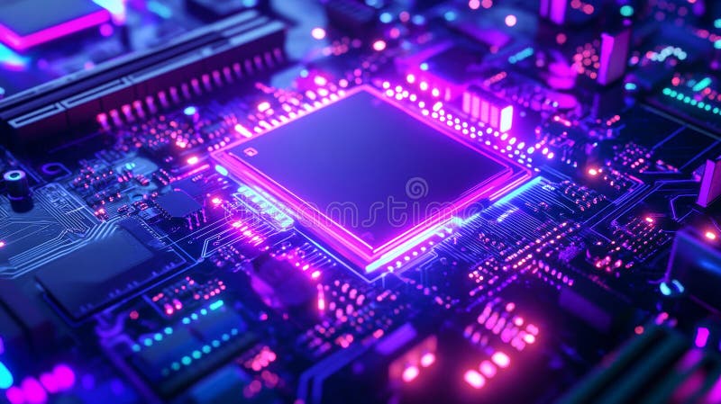 High-tech Processor Operation with Glowing Circuits and Vibrant Neon ...