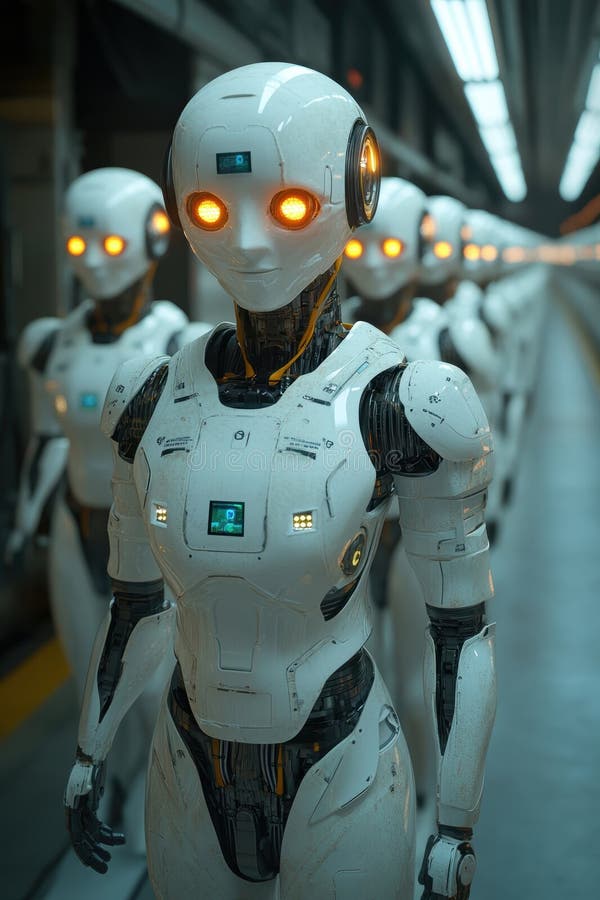 Futuristic Factory Production Line Managed by Humanoid Robots with ...