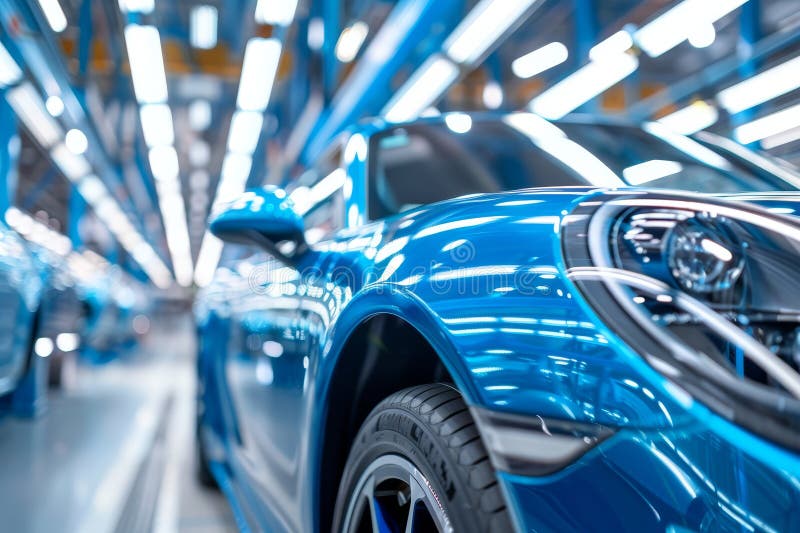 High-tech Production Line Features a Vibrant Blue Car Undergoing ...