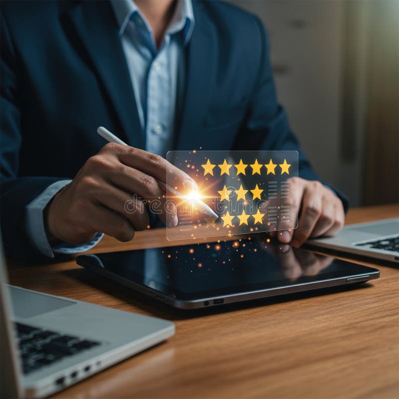 High-tech Professional Evaluating Glowing Star Customer Feedback on a ...