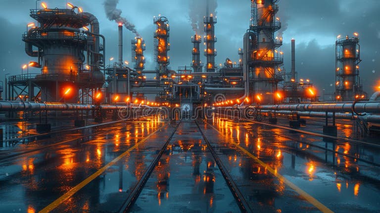 Futuristic Industrial Refinery at Night - Generative Ai Stock ...