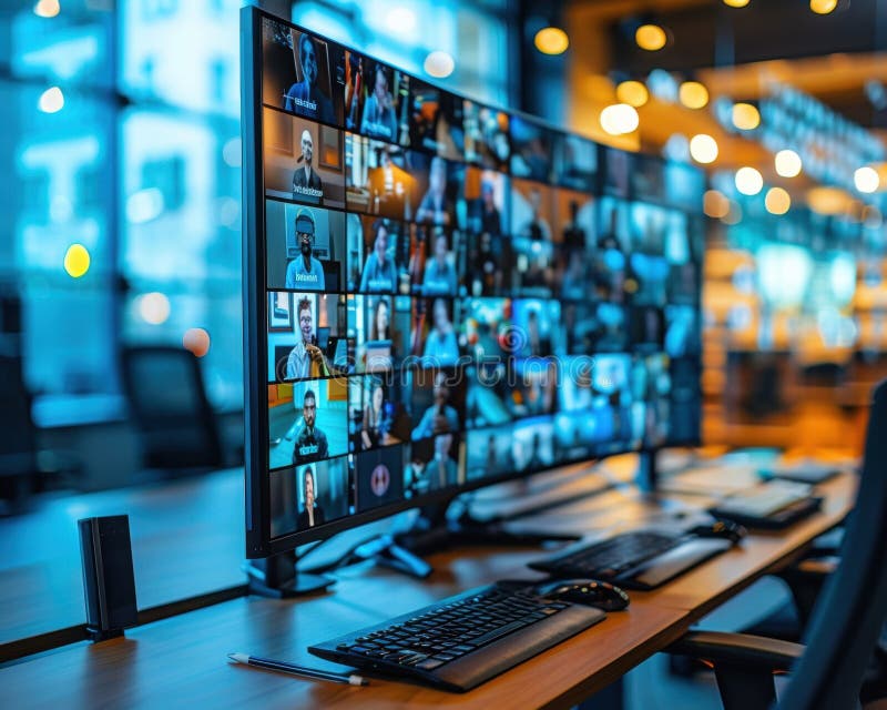 High-Tech Remote Meeting Setup with Multiple Video Call Participants ...