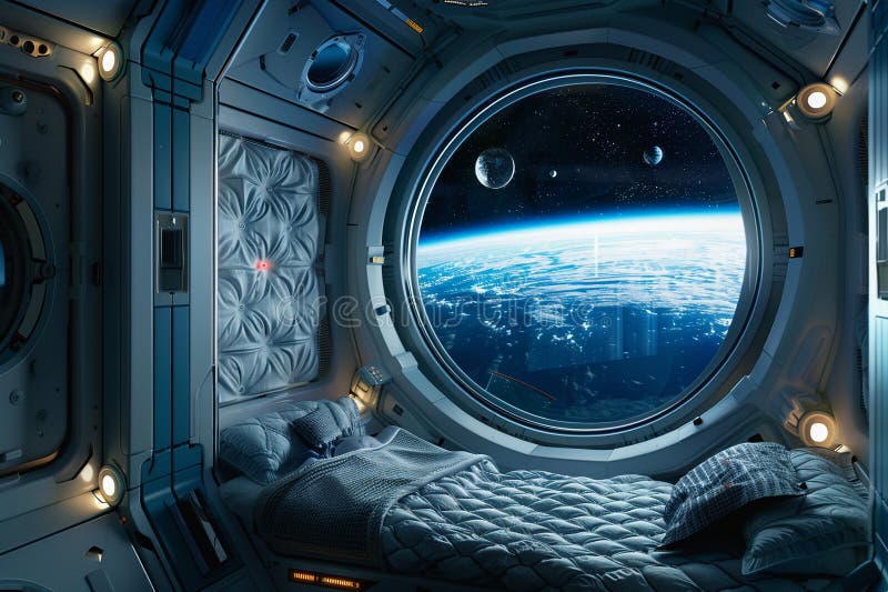 High-tech Rest Pod in Space Station, Overlooking Earth, with Zero ...