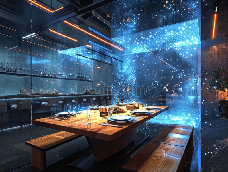 A High-tech Restaurant Featuring a Futuristic Dining Table Surrounded ...
