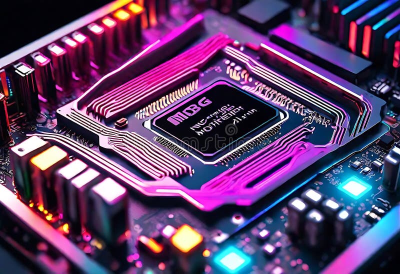 High Tech Rgb Glowing Neon Motherboard of Cpu Depicting Technology and ...