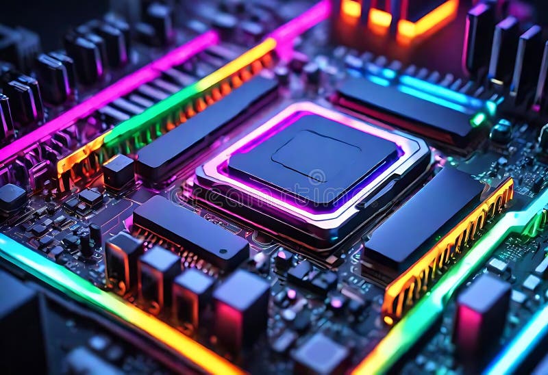 High Tech Rgb Glowing Neon Motherboard of Cpu Depicting Technology and ...