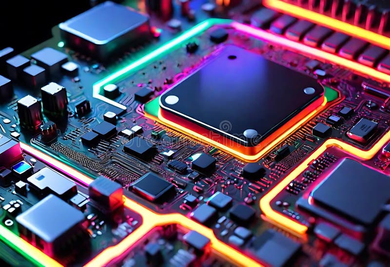 High Tech Rgb Glowing Neon Motherboard of Cpu Depicting Technology and ...