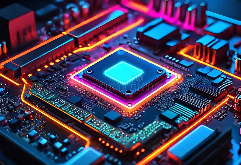High Tech Rgb Glowing Neon Motherboard of Cpu Depicting Technology and ...