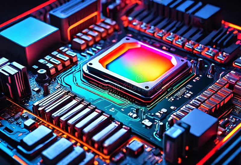High Tech Rgb Glowing Neon Motherboard of Cpu Depicting Technology and ...