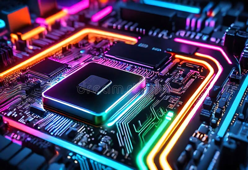 High Tech Rgb Glowing Neon Motherboard of Cpu Depicting Technology and ...