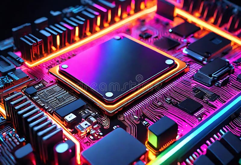 High Tech RGB Glowing Neon Motherboard of CPU Stock Illustration ...