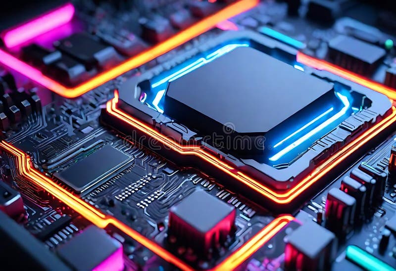 High Tech Rgb Glowing Neon Motherboard of Cpu Stock Illustration ...