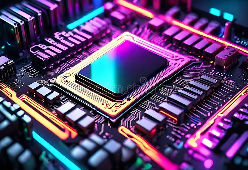 High Tech Rgb Glowing Neon Motherboard of Cpu Stock Illustration ...