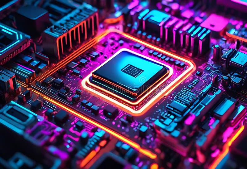 High Tech Rgb Glowing Neon Motherboard of Cpu Stock Illustration ...