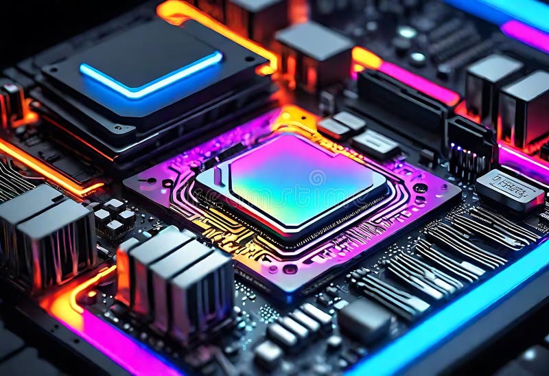 High Tech Rgb Glowing Neon Motherboard of Cpu Stock Illustration ...