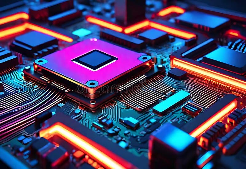 High Tech Rgb Glowing Neon Motherboard of Cpu Stock Illustration ...