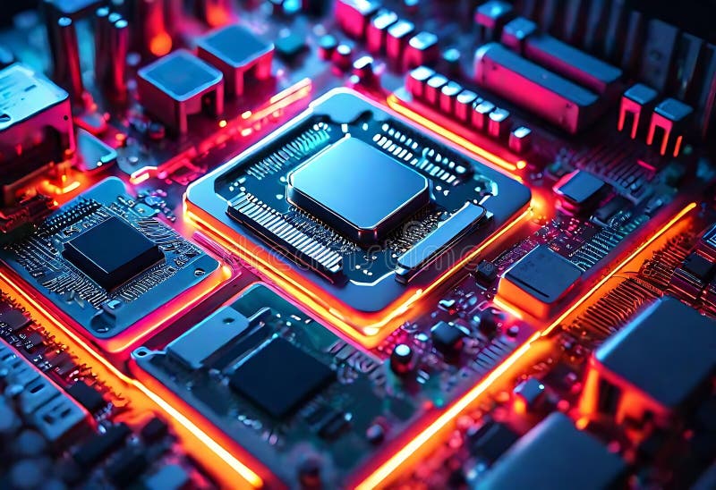 High Tech Rgb Glowing Neon Motherboard of Cpu Stock Illustration ...