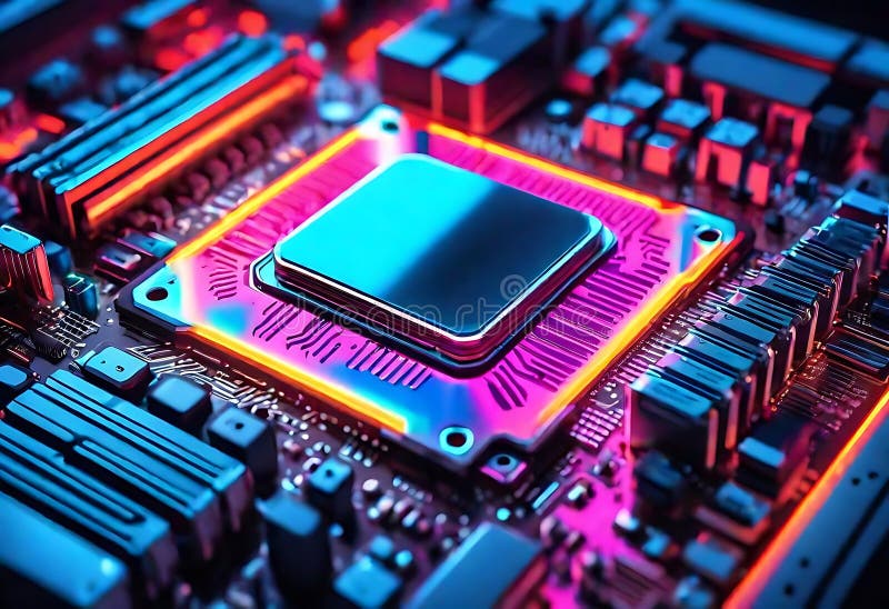 High Tech Rgb Glowing Neon Motherboard of Cpu Stock Illustration ...