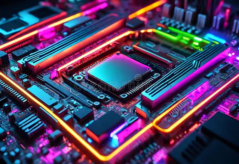 High Tech RGB Glowing Neon Motherboard of CPU Stock Illustration ...
