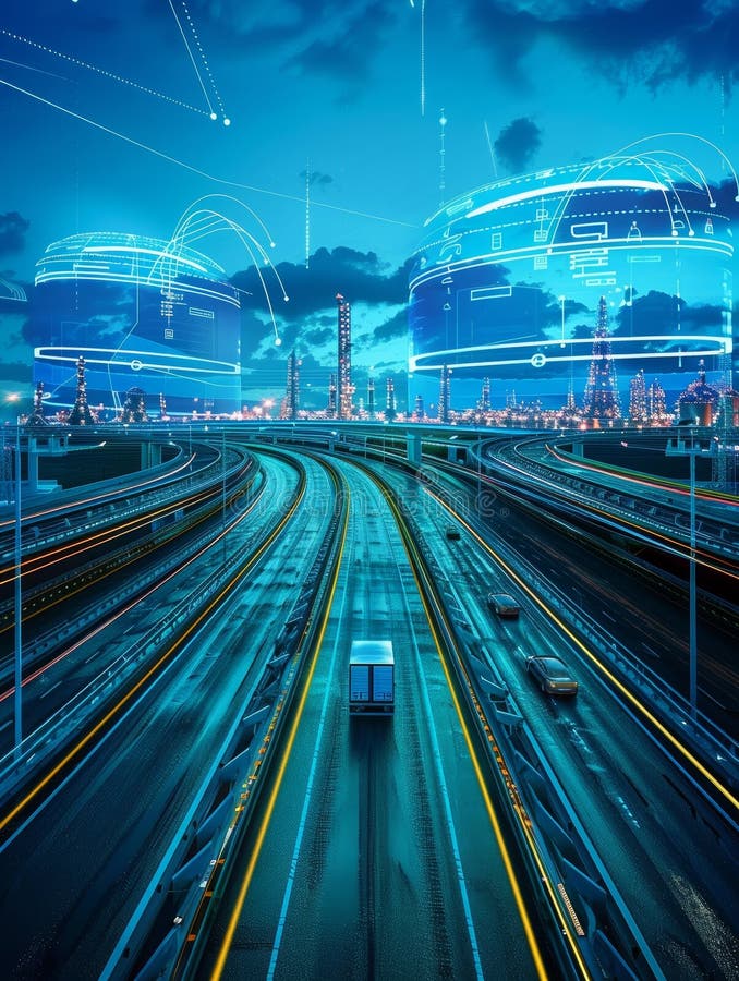 A High-tech Roadway Flows Smoothly beside Illuminated Industrial Silos ...