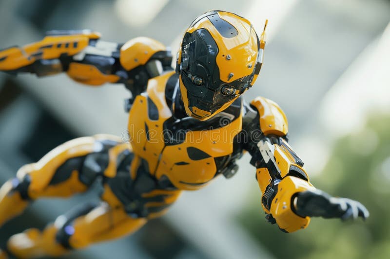 High-tech Robot in Dynamic Pose Against Blurred Urban Background during ...