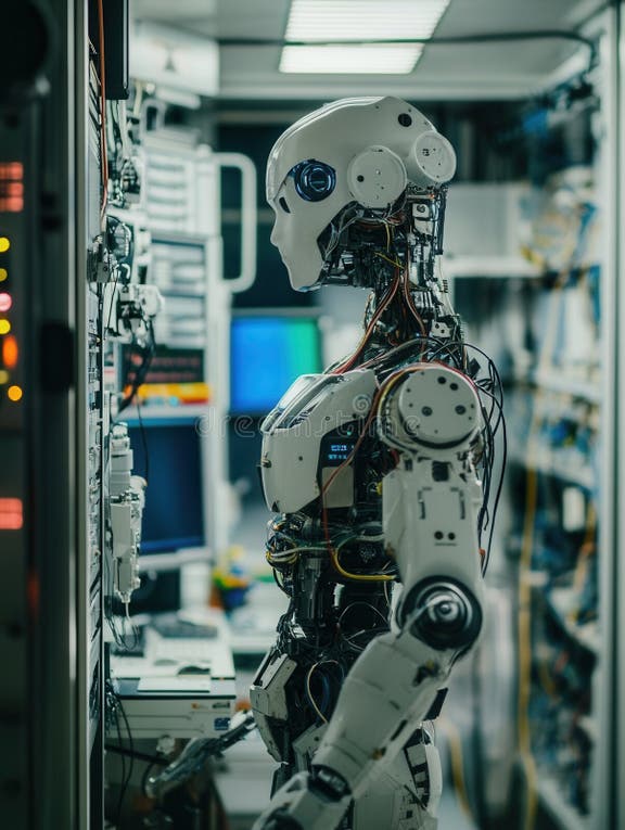 High-tech Robot Interacts with Advanced Computer Systems in a Modern ...