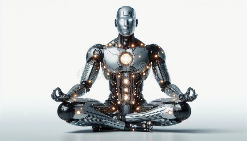 High-Tech Robot in Meditative Pose, Glowing Circuit Patterns Stock ...