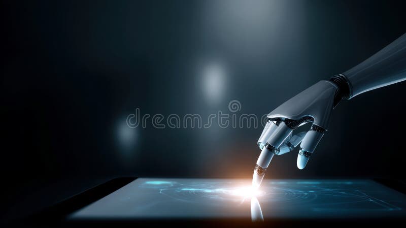 A High-tech Robot Operating a Touchscreen Interface, Illuminated by a ...