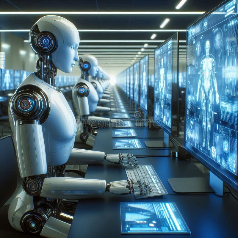 High-Tech Robot Operators Working in a Futuristic Data Center Stock ...