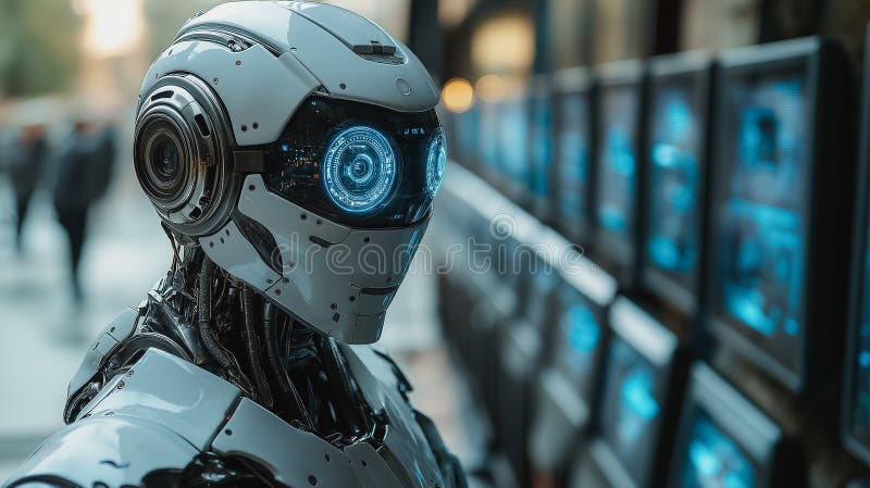 High-tech Robot Overseeing Security Footage on Multiple CCTV Monitors ...