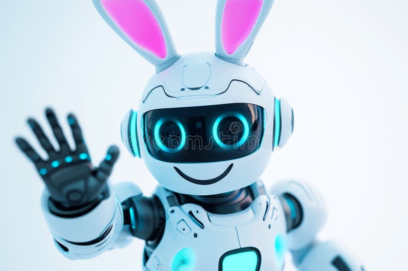 High-tech Robot with Pink Glowing Bunny Ears Waving on a White ...