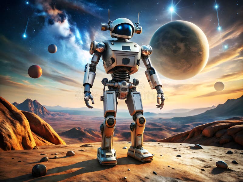 High-Tech Robot on a Planet with Multiple Moons Stock Illustration ...