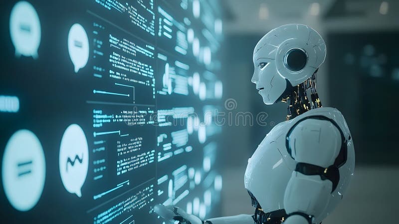 High-Tech Robot Processing Data in a Cyber Environment, Surrounded by ...