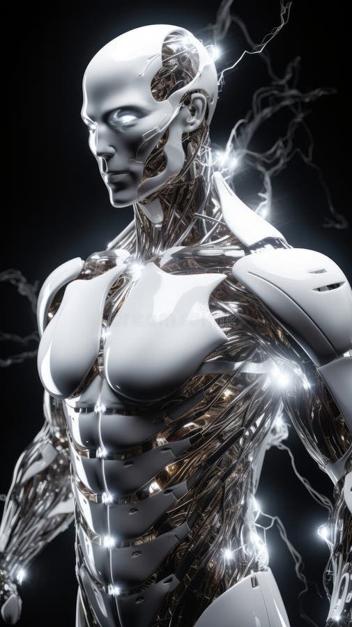 High-tech Robot with Silver Energy Splash in the Form of Lightning, AI ...