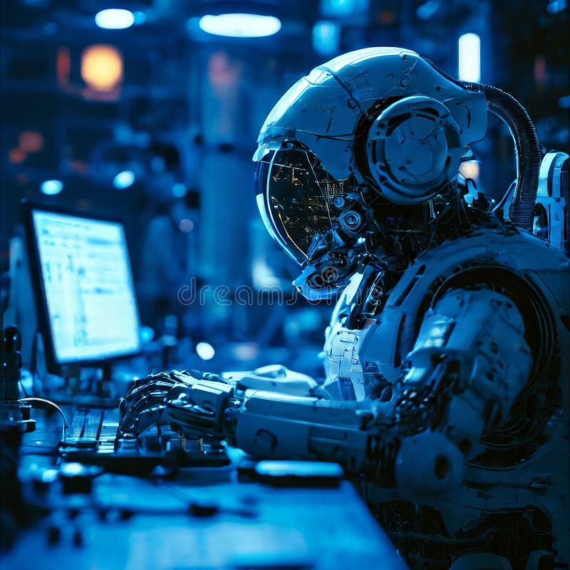 High-tech Robot Working on a Computer in a Futuristic Lab Stock Photo ...