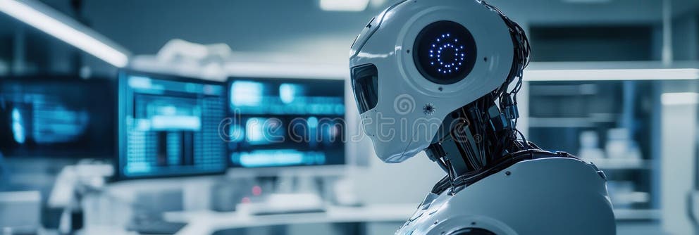 High-tech Robot Stands in Modern Laboratory Surrounded by Computer ...