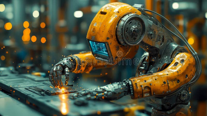 High-tech Robot Working in an Industrial Setting with Sparks Around ...
