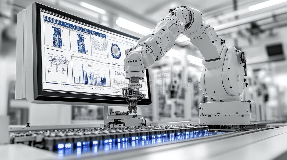 High-tech Robotic Arm Analyzing Complex Data on Screen Stock Illustration - Illustration of ...