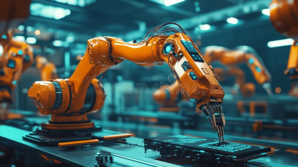 High-Tech Robotic Arm Assembling AI Powered Devices in Factory Setting ...
