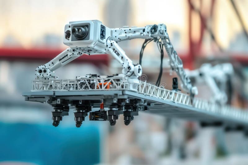 High-tech Robotic Arm with Camera Suspended Above Construction Site at ...