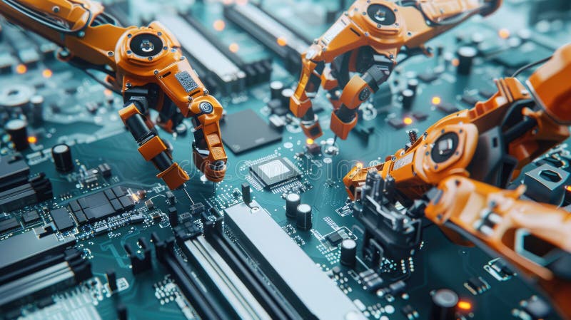 High-tech Robotic Arms Placing Electronic Components on PCB Boards with ...