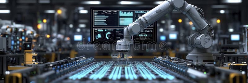 High-tech Robotic Assembly Line with Monitor Display Stock Illustration ...
